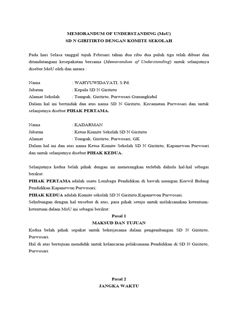 MoU SD N Giritirto & Komite Sekolah | PDF | Kesehatan Holistik