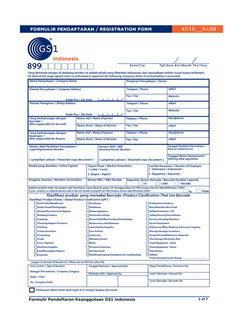 Formulir Pendaftaran GS1 Indonesia | PDF