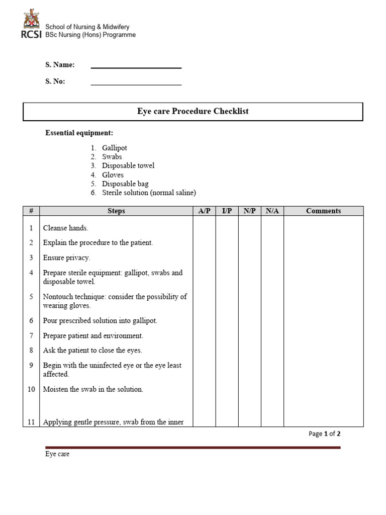 Eye Care Procedure Checklist | PDF