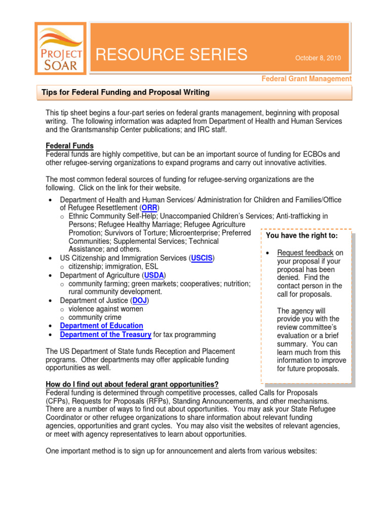 SOAR Tip Sheet Federal Funding and Proposal Writing | PDF | Request For ...