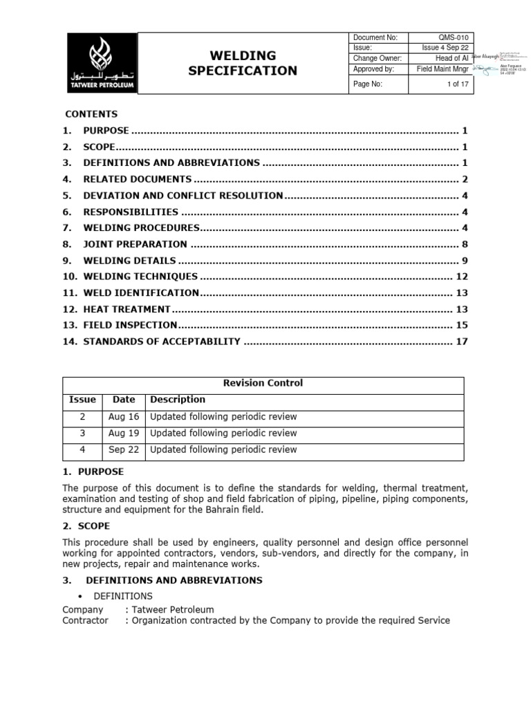 QMS-010 Welding Specification Issue 4 Sep 2022 | PDF | Construction ... QMS-010 Welding Specification Issue 4 Sep 2022 | PDF | Construction ...