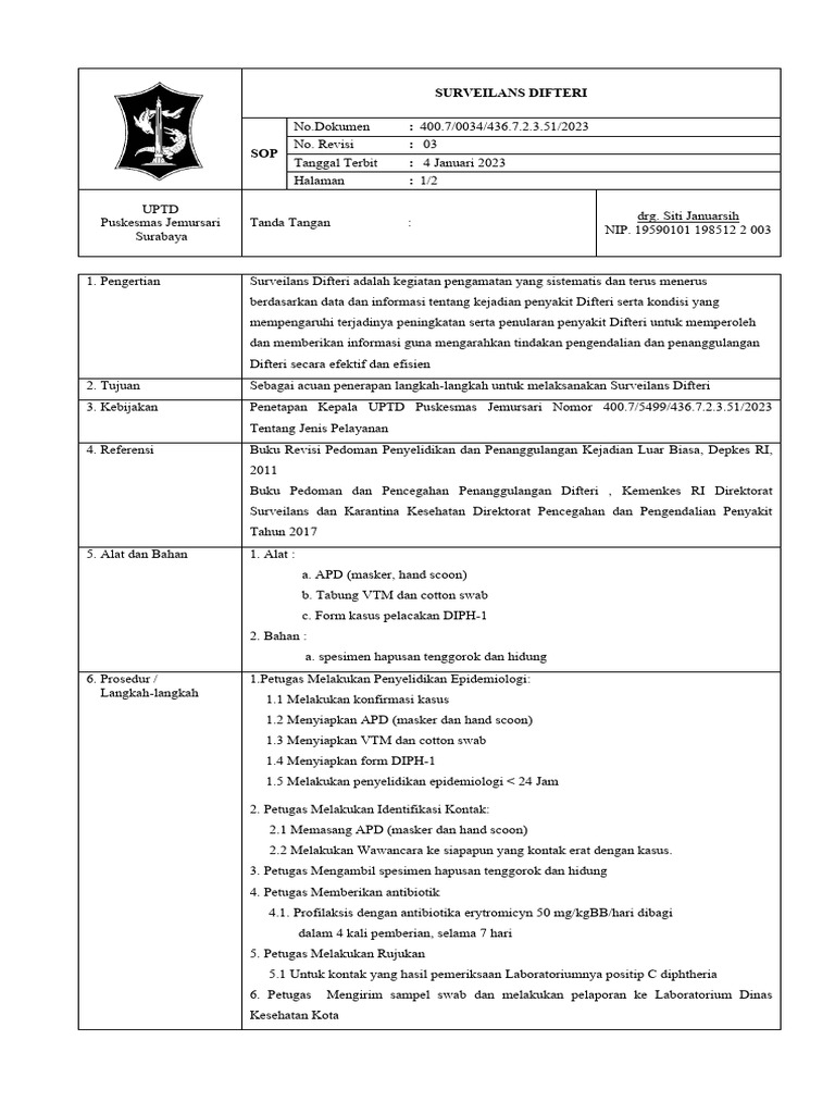 Sop Surveilans Difteri Revisi | PDF