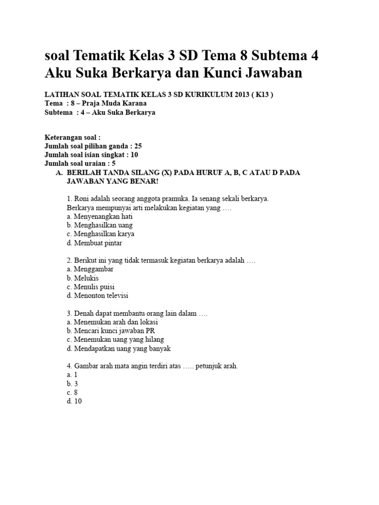 Soal Tematik Kelas 3 SD Tema 8 Subtema 4 Aku Suka Berkarya Dan Kunci Jawaban | PDF