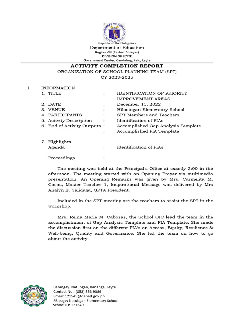 ACR On The Conduct of Workshop For PIA Identification 1CASAS2 | PDF