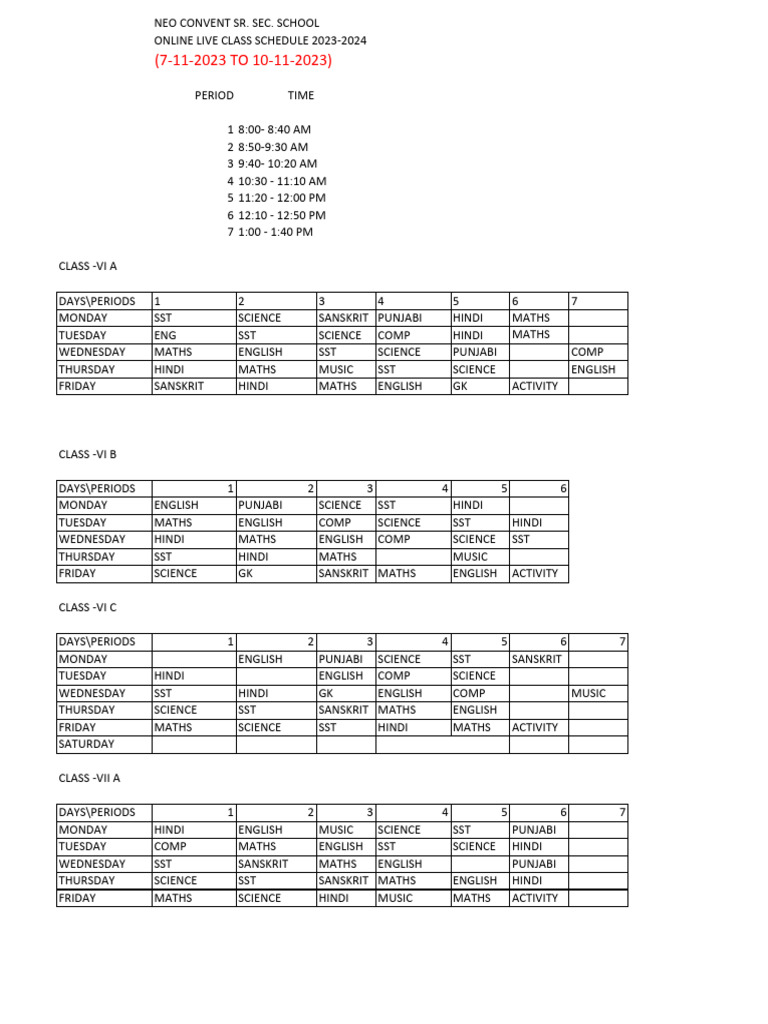 NCS - 1180 - Online Class Time Table (Vi - Viii) | PDF