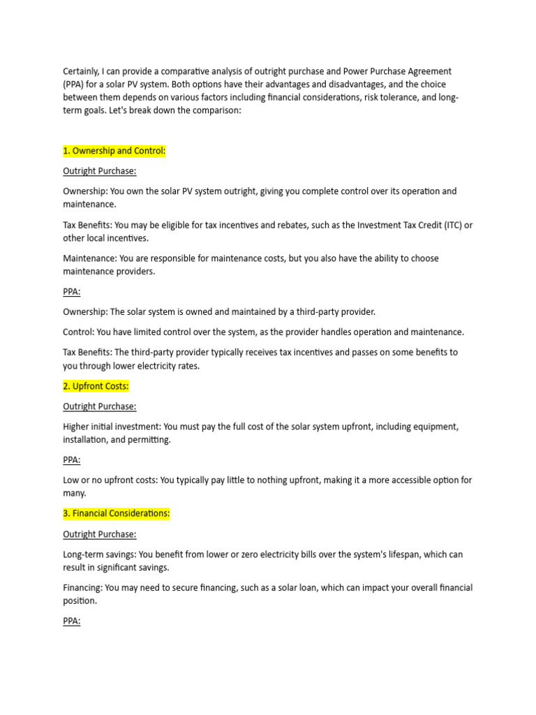 Comparative Analysis of Outright Purchase Vs PPA | PDF | Economies