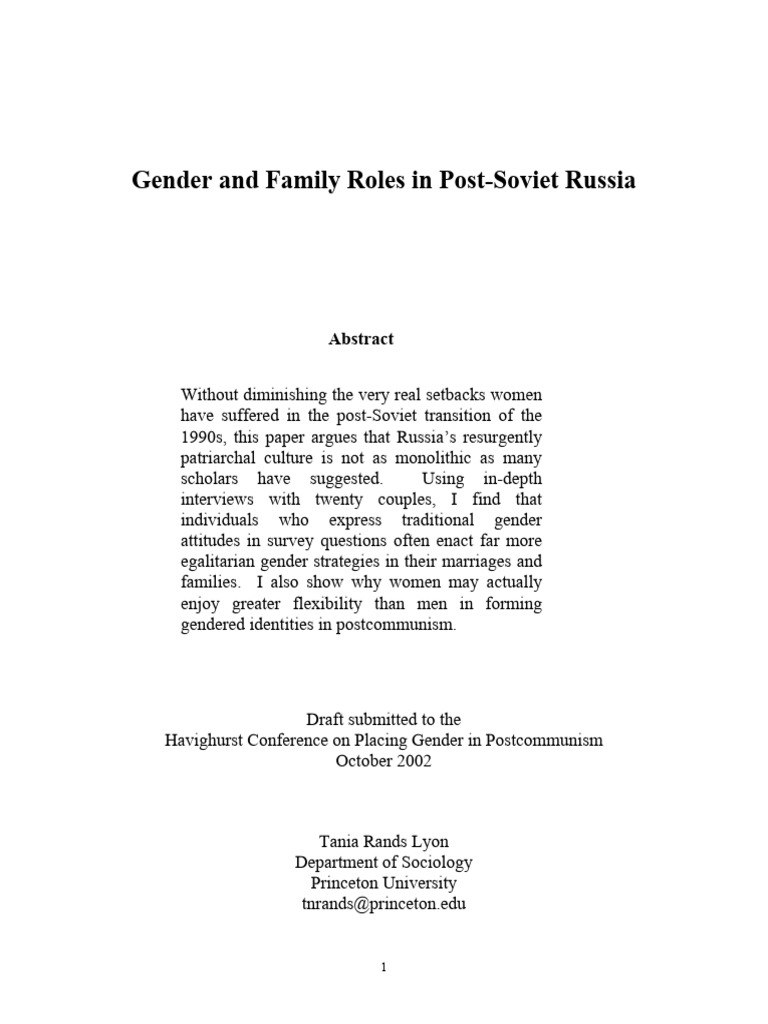 Gender and Family Roles in Post Soviet Russia | PDF | Gender Role | Patriarchy