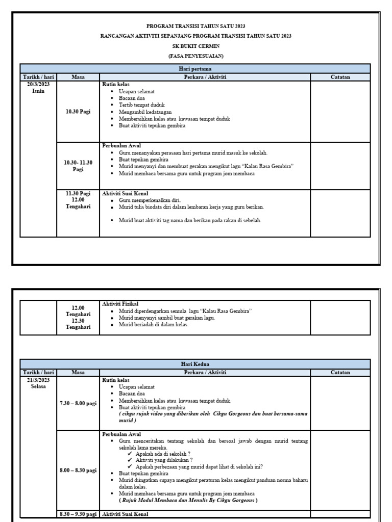 Jadual Program Transisi Tahun Satu 2023 by Cikgu Gorgeous | PDF