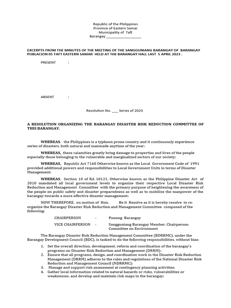 Barangay Resolution Organizing The BDRRMC | PDF | Emergency Management ... Barangay Resolution Organizing The BDRRMC | PDF | Emergency Management ...