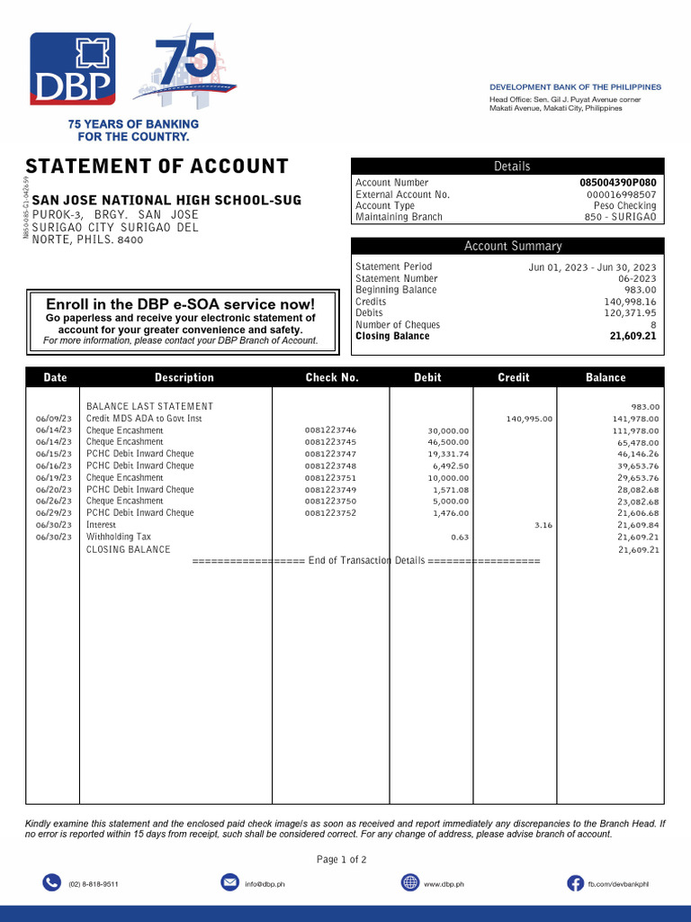 Statement of Account: Enroll in The DBP e-SOA Service Now! | PDF | Cheque | Debits And Credits