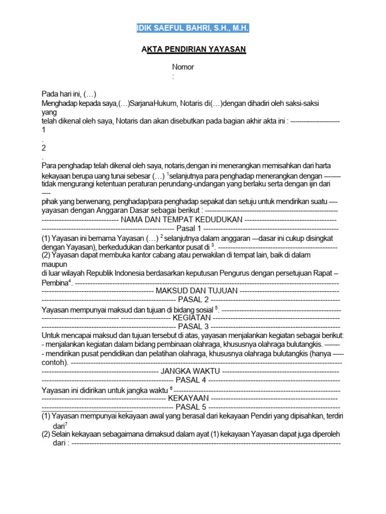 Contoh Akta Pendirian Yayasan | PDF