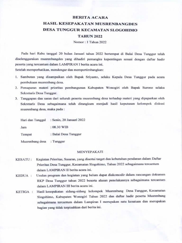 Contoh Berita Acara Musrenbang Desa - Kelurahan | PDF