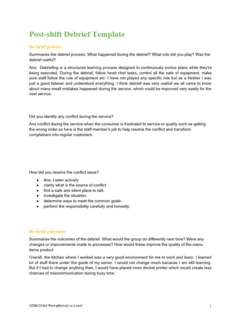 SITHCCC043 Debrief Template (Aman) | PDF