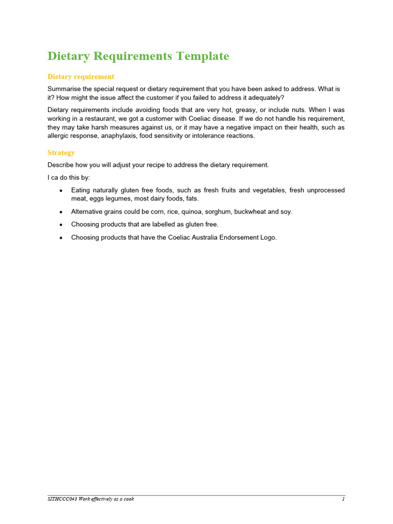 Dietary Requirements Management Template | PDF