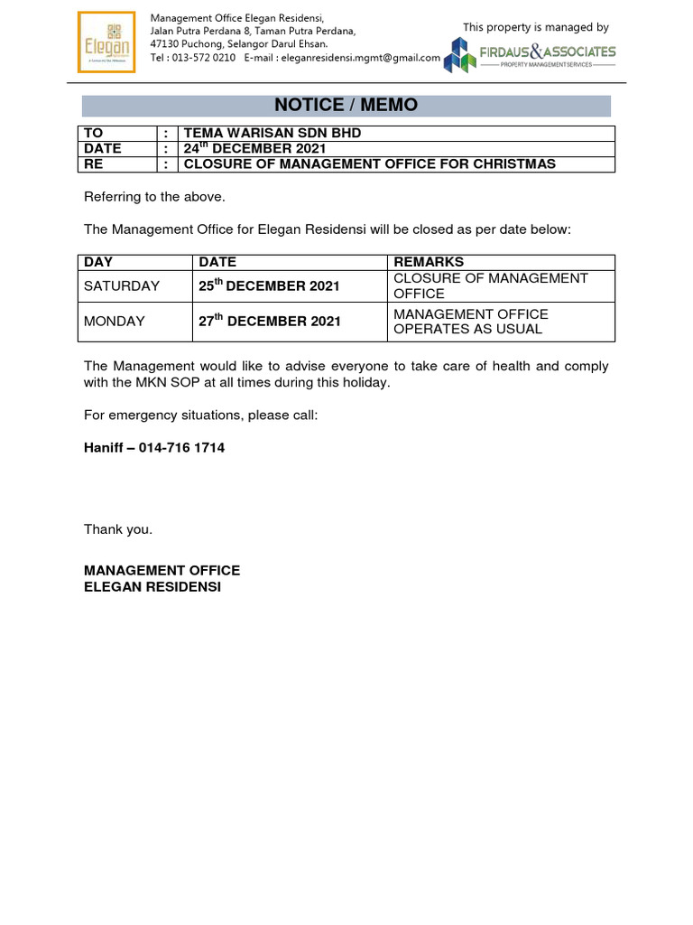 Notice - Closure of Office For Christmas | PDF