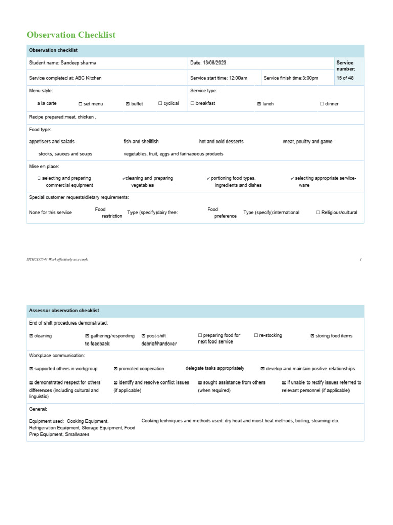 SITHCCC043 Observation Checklist (Aman) | PDF | Cooking | Menu
