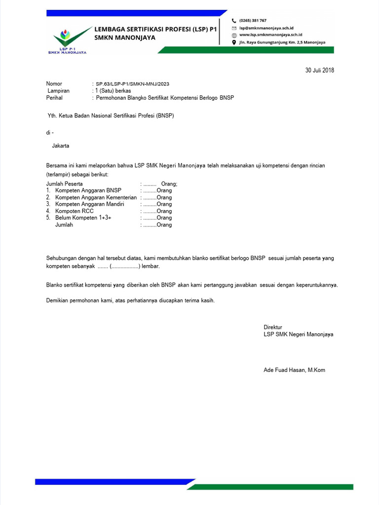 Surat Permohonan Blanko Sertifikat Berlogo BNSP | PDF