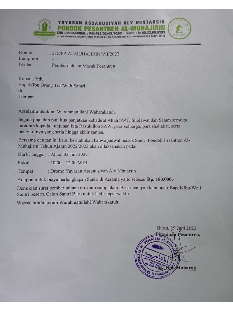 Surat Edaran Masuk Pesantren | PDF