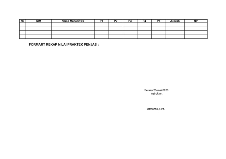 Formart Rekap Nilai Praktek Penjas | PDF