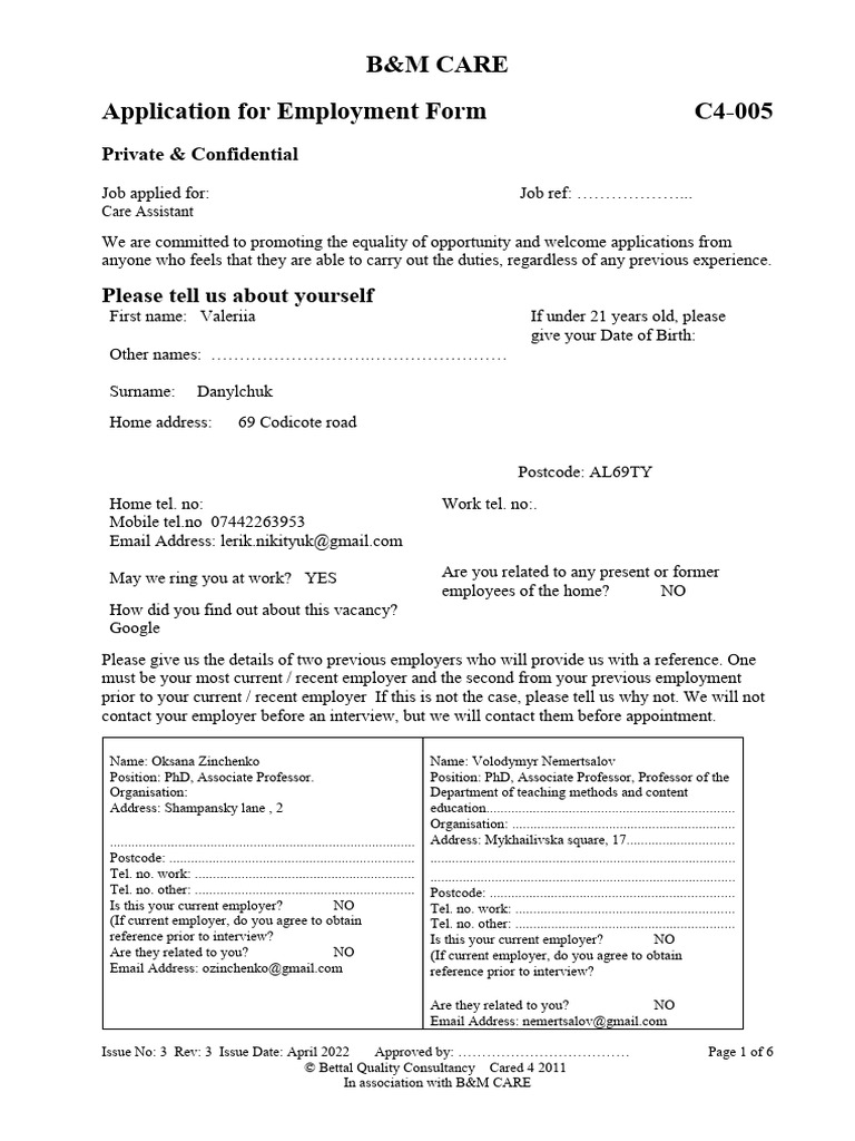 B&M Care Application For Employment Form C4-005: Please Tell Us About ...