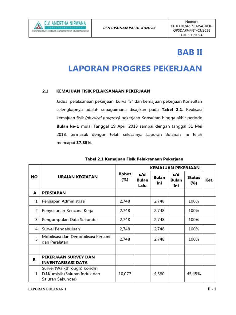 BAB 2 Laporan Progres Pekerjaan (PAI DI - Kumisik 1) Editjoe 5 Juli | PDF