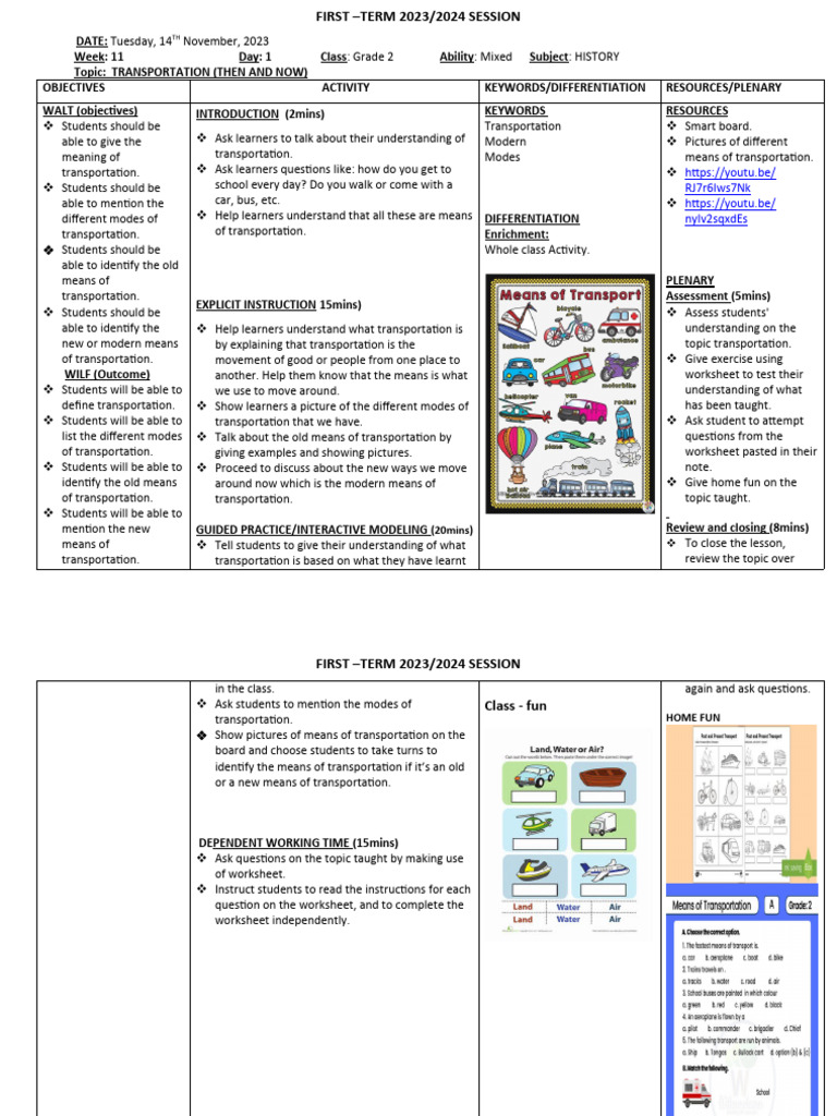 Grade 2 History Lesson Plan Week 11 Term 1 | PDF | Transport ...