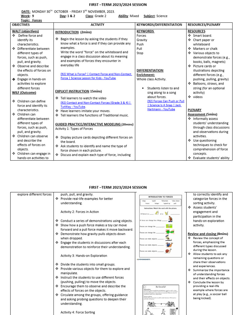 Science Lesson Plan Week 9 | PDF | Force | Learning