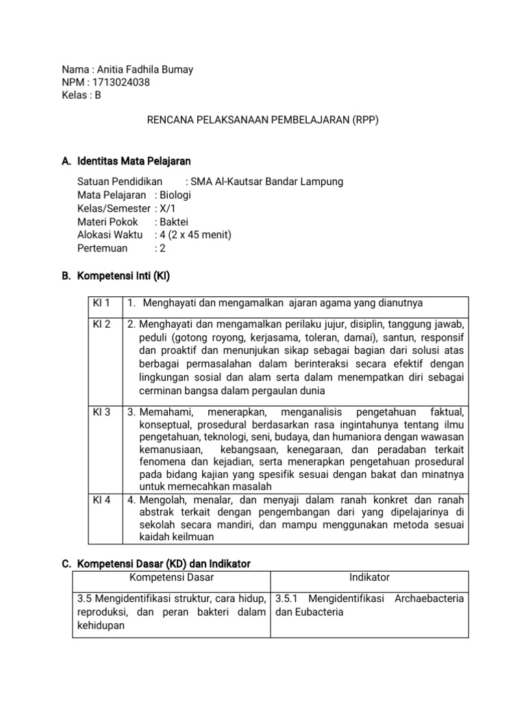 RPP Anitia Fadhila Bumay (1713024038) | PDF