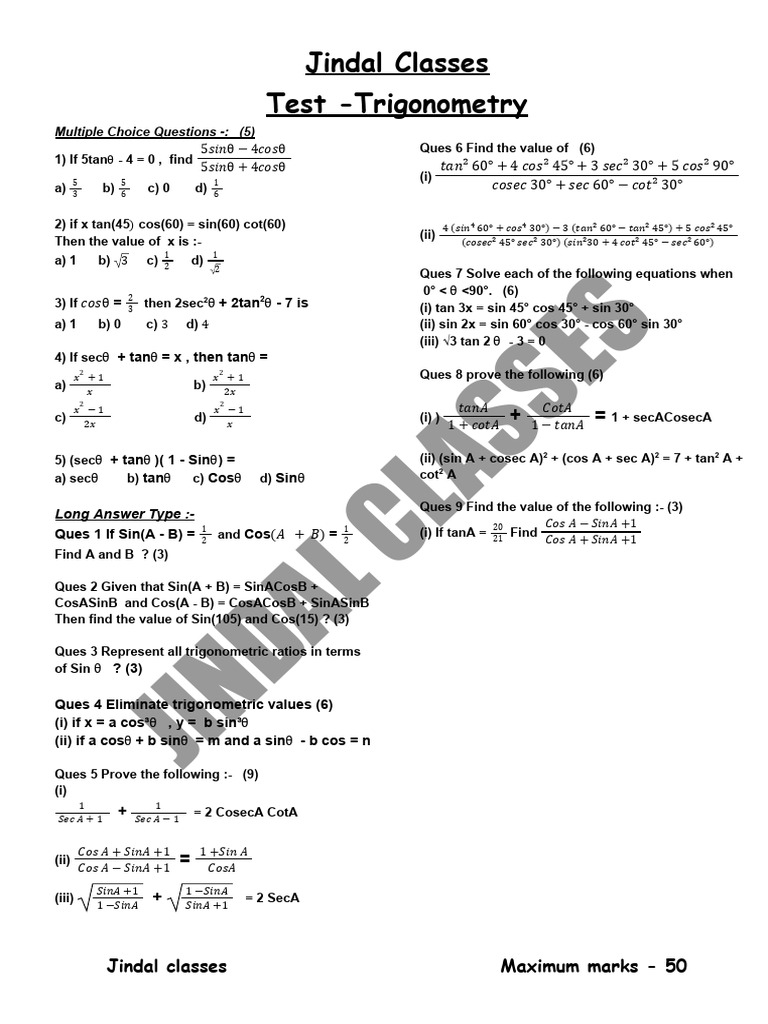 Trigonometry Class 10th Test-011 | PDF | Teaching Mathematics ...