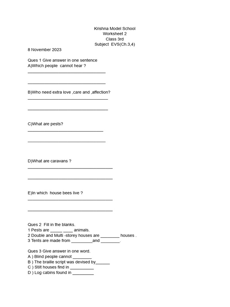 Worksheet Evs Class 3rd | PDF | Games & Activities | Social Science