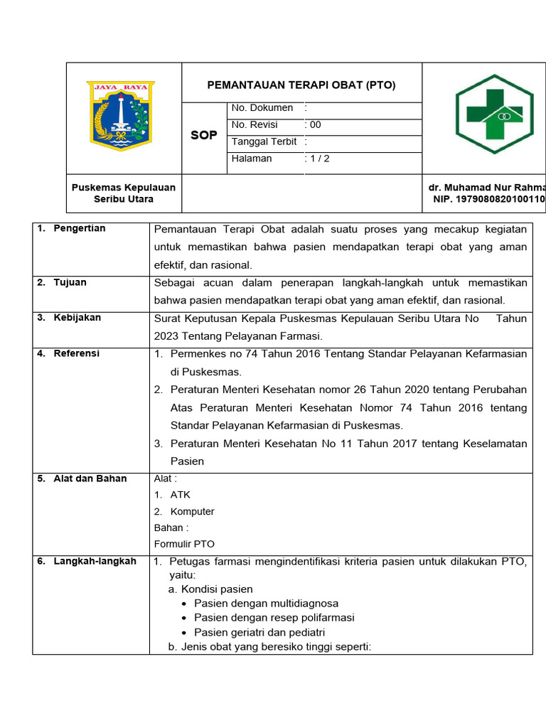 SOP PEMANTAUAN TERAPI OBAT (PTO) New | PDF