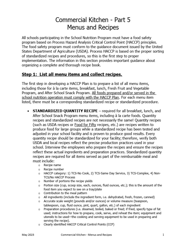 Part 5 HACCP Menus Recipes Commercial 2023 2024 PDF Menu