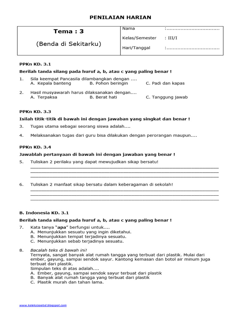 SOAL PENILAIAN HARIAN KELAS 3 TEMA 3 (2) | PDF