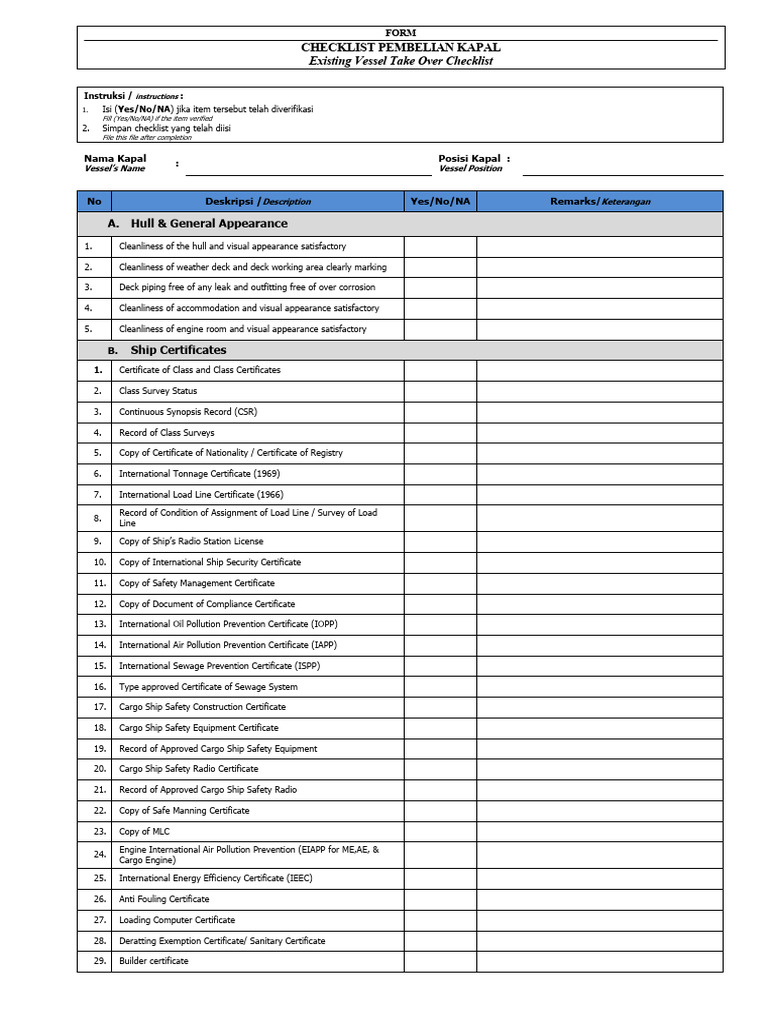 Existing Vessel Take Over Checklist | PDF | Ships | Pump