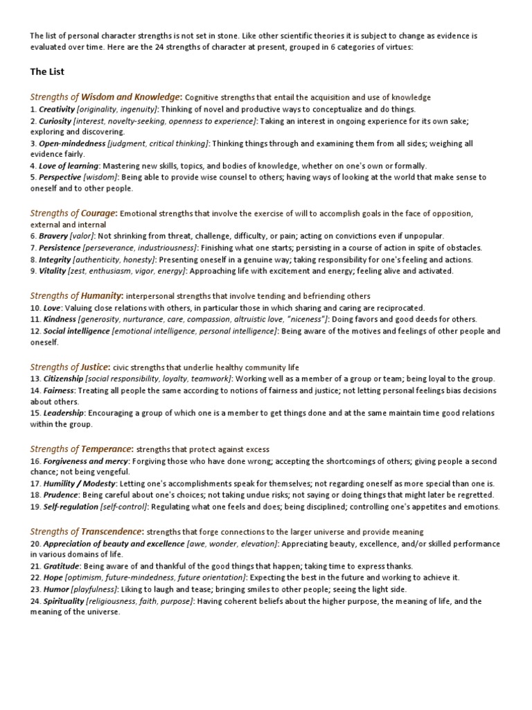 24 Character Strengths Explained | PDF | Courage | Wisdom