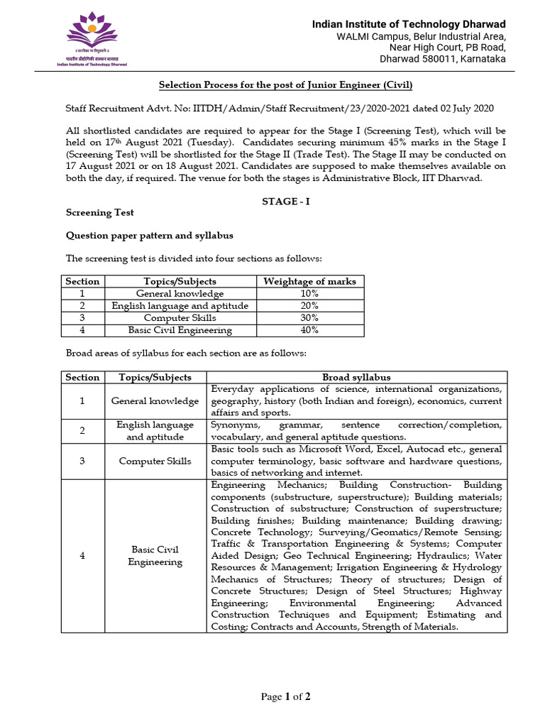 IITDharwad - Selection Process - JE (Civil) - Updated | PDF | Engineering