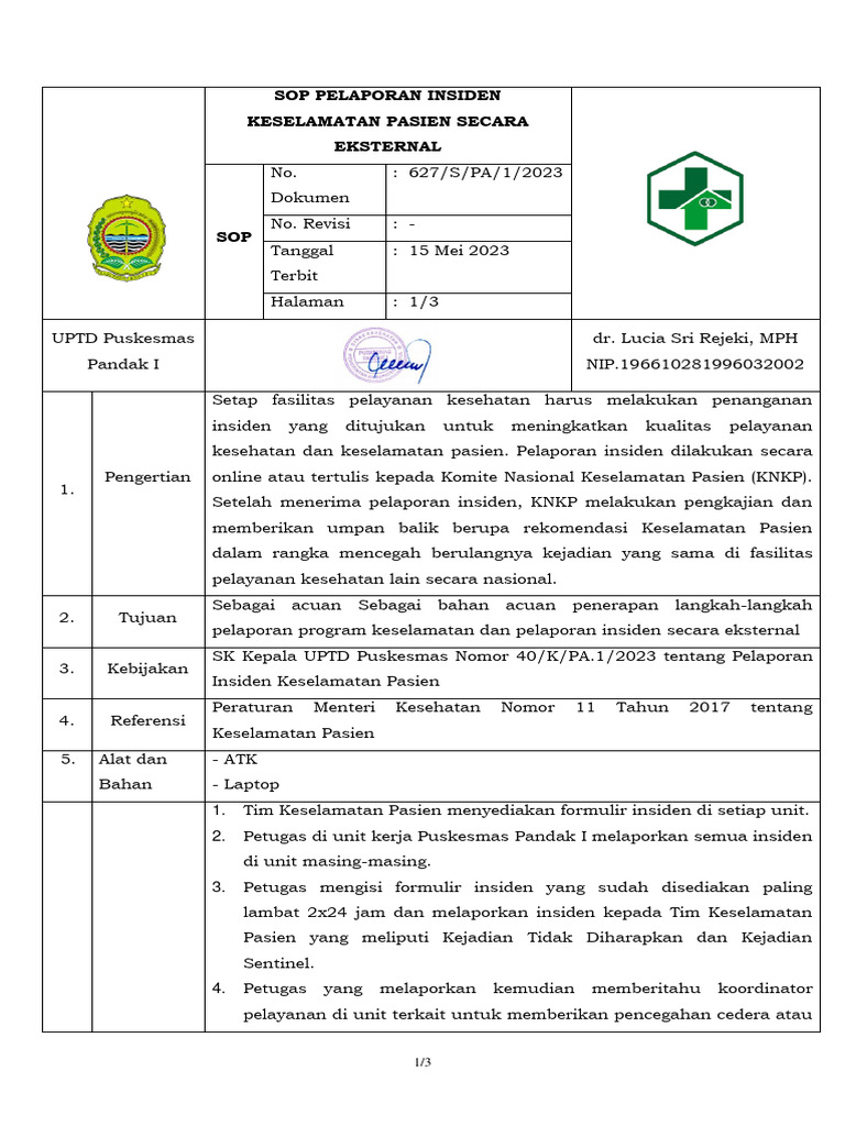 SOP Pelaporan Insiden Keselamatan Pasien | PDF | Sains & Matematika | Komputer