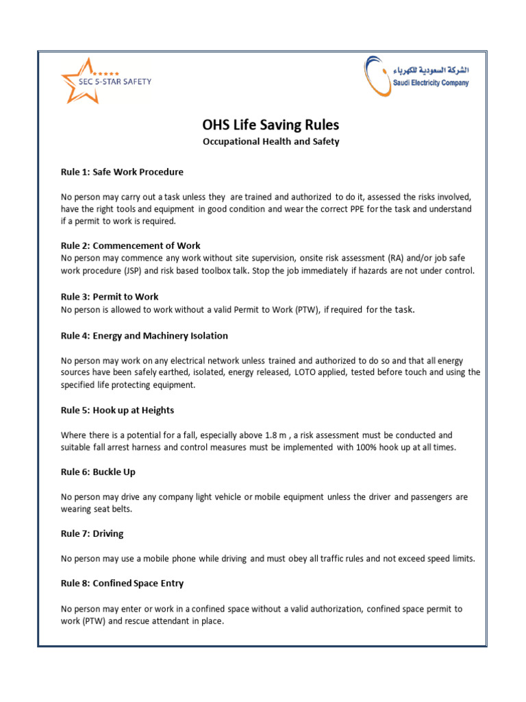 OHS PR 02 01 F04 Life Saving Rules | PDF