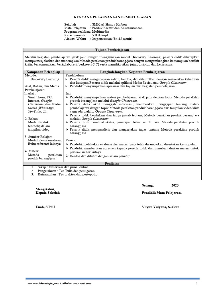 RPP PKK SMK XII: Discovery Learning | PDF
