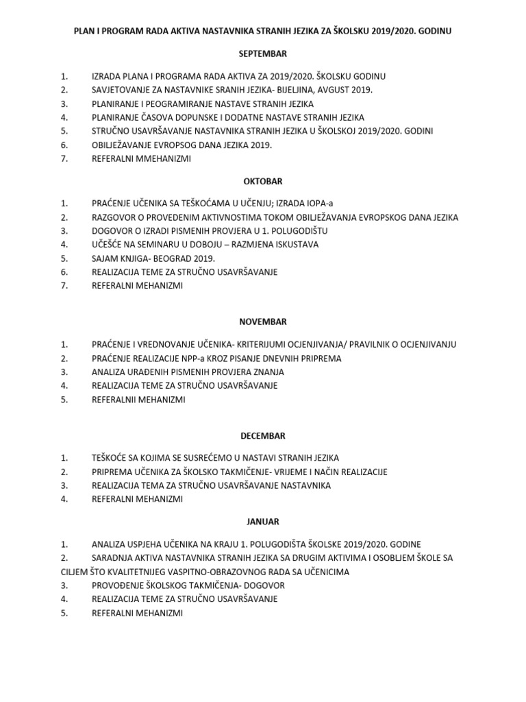 Plan I Program Rada Aktiva Nastavnika Stranih Jezika Za Školsku 2019 | PDF