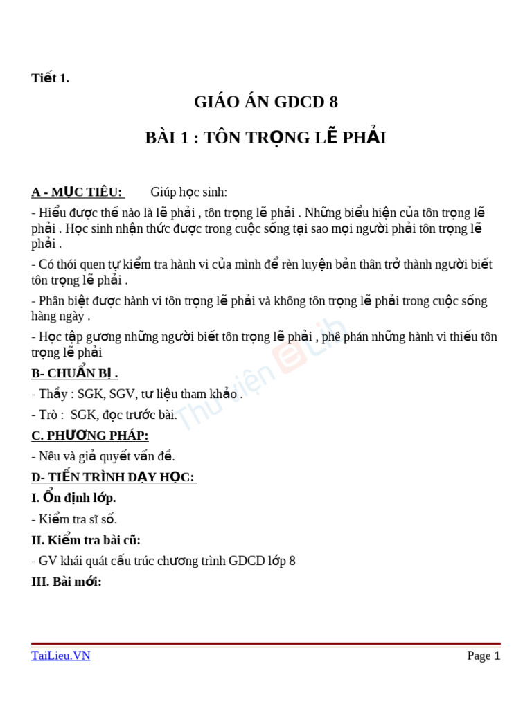 Onluyen.vn - giáo Án GDCD 8 Bài 1 Tôn Trọng Lẽ Phải | PDF