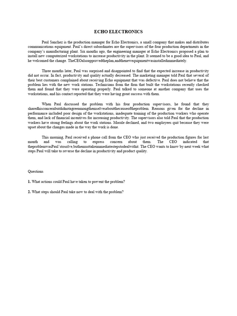 Improving Productivity at Echo Electronics | PDF