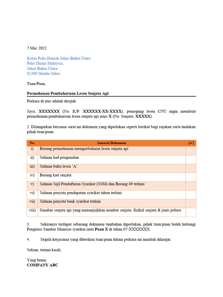 Surat Pembaharuan Lesen Senjata Api | PDF