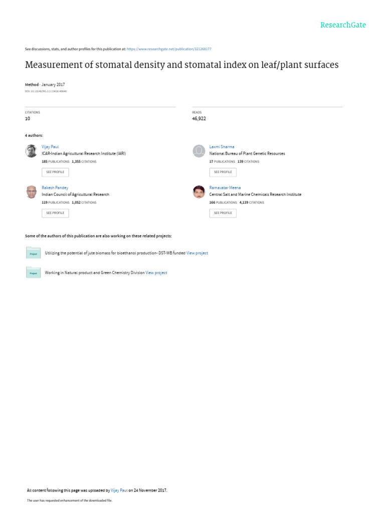 Measurement of Stomatal Density and Stomatal Index On Leaf/plant ...