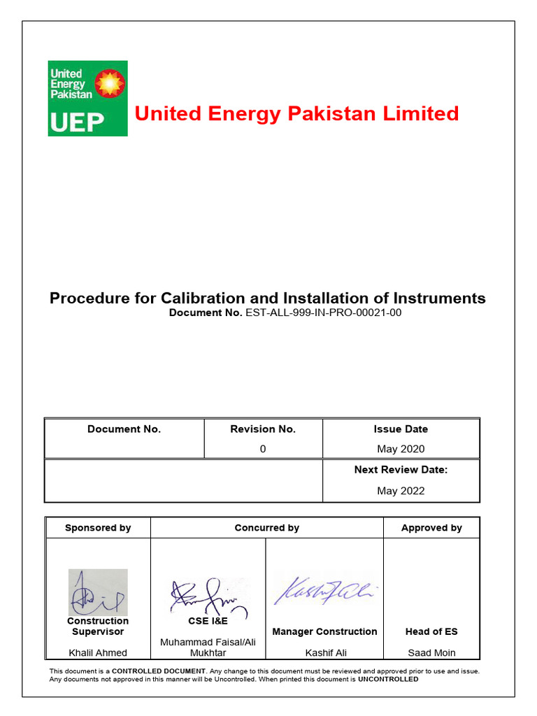 Procedure for Calibration and Installation of Instruments | PDF | Pipe ...