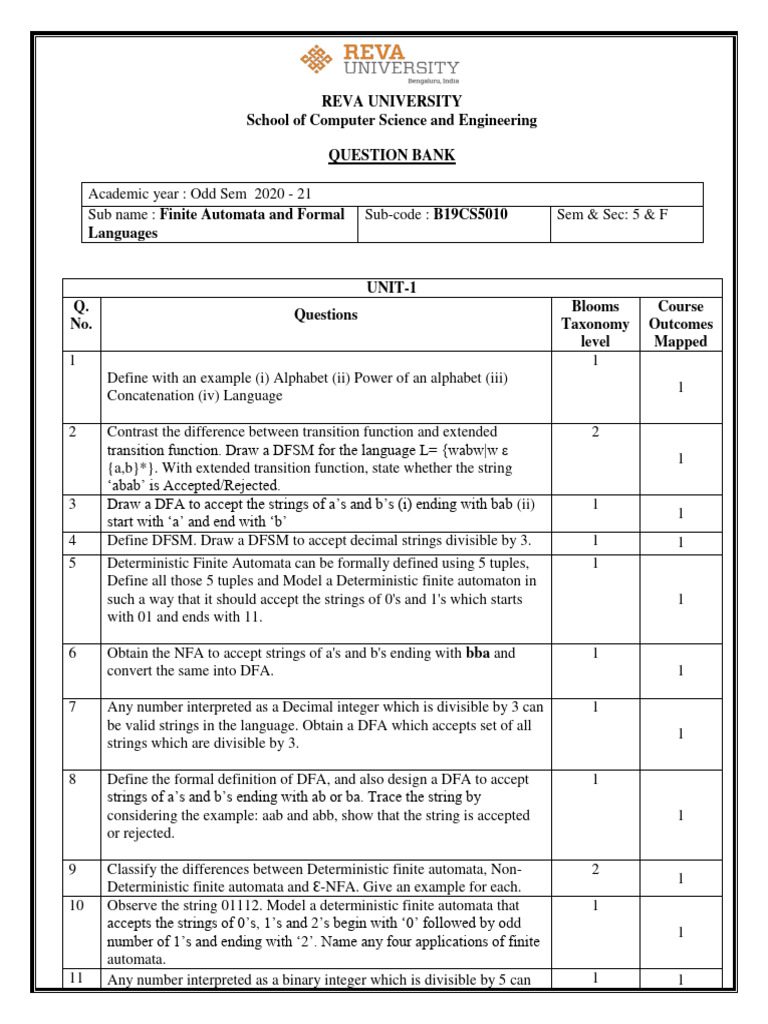 TOC Question Bank - Unit - 1 - 2 - 3 - 4 - 2022 | PDF | Syntax (Logic ...