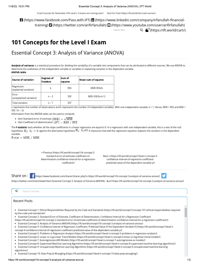 Essential Concept 3 - Analysis of Variance (ANOVA) - IFT World | PDF | Analysis Of Variance ...