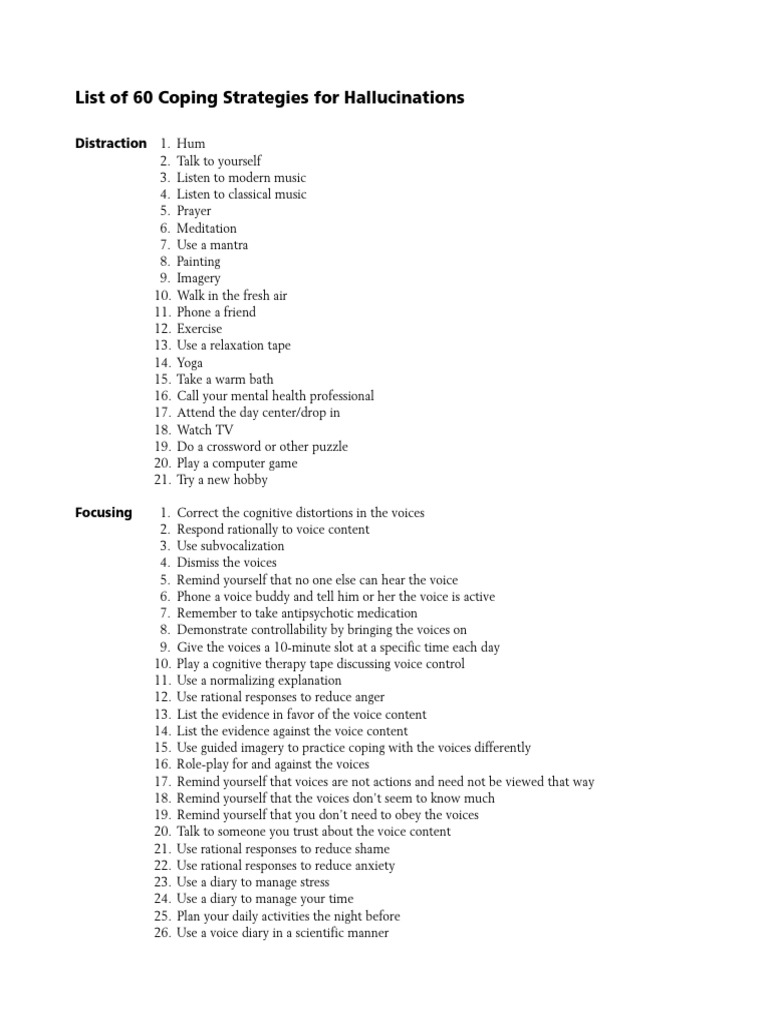 List of 60 Coping Strategies For Hallucinations | PDF | Mental Disorder | Meditation
