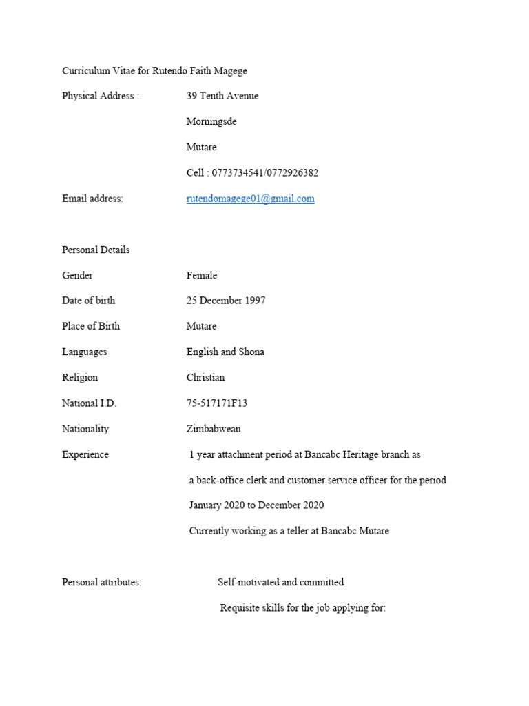 Rutendo Magege's CV for Chief Teller | PDF