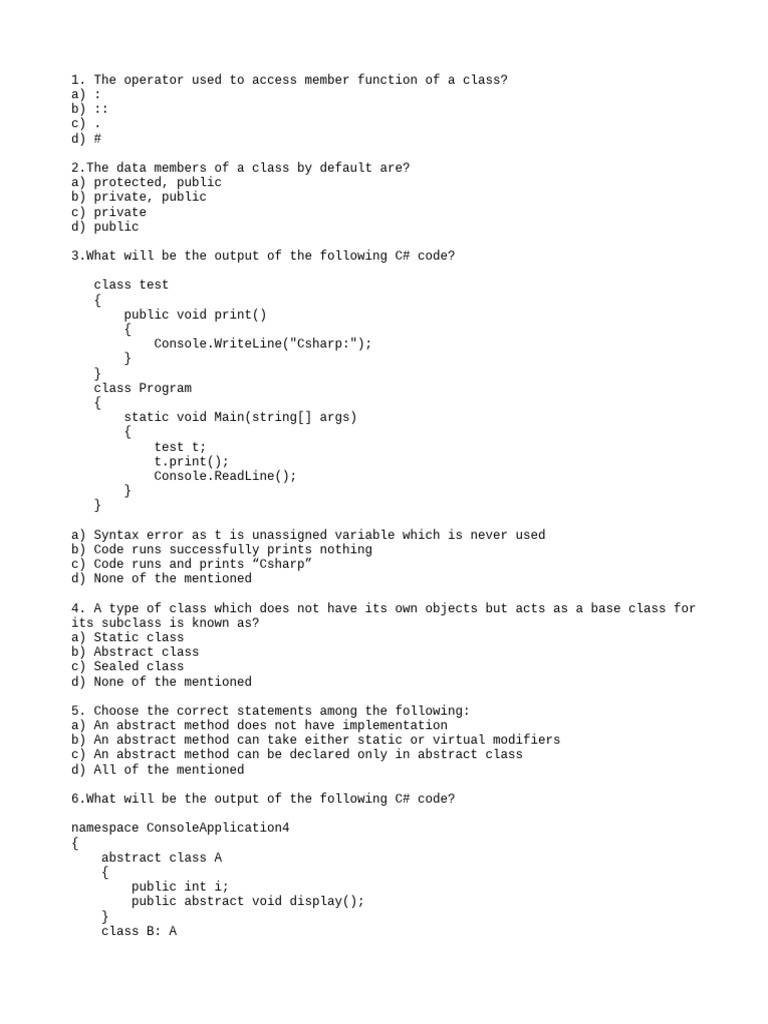 C# Ques | PDF | Class (Computer Programming) | Method (Computer ... C# Ques | PDF | Class (Computer Programming) | Method (Computer ...